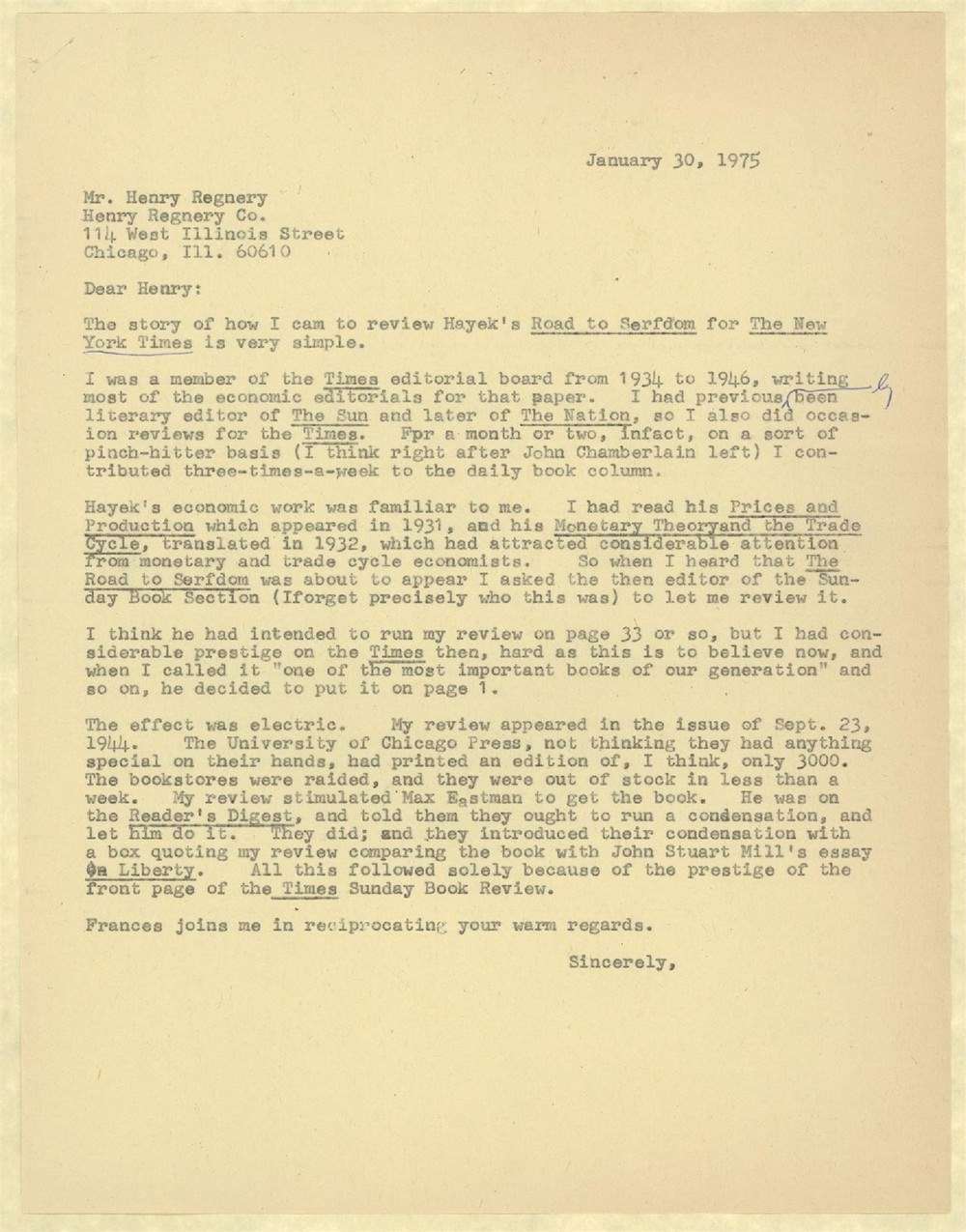 Letter from Henry Hazlitt to Henry Regnery January 30, 1975 - FEE